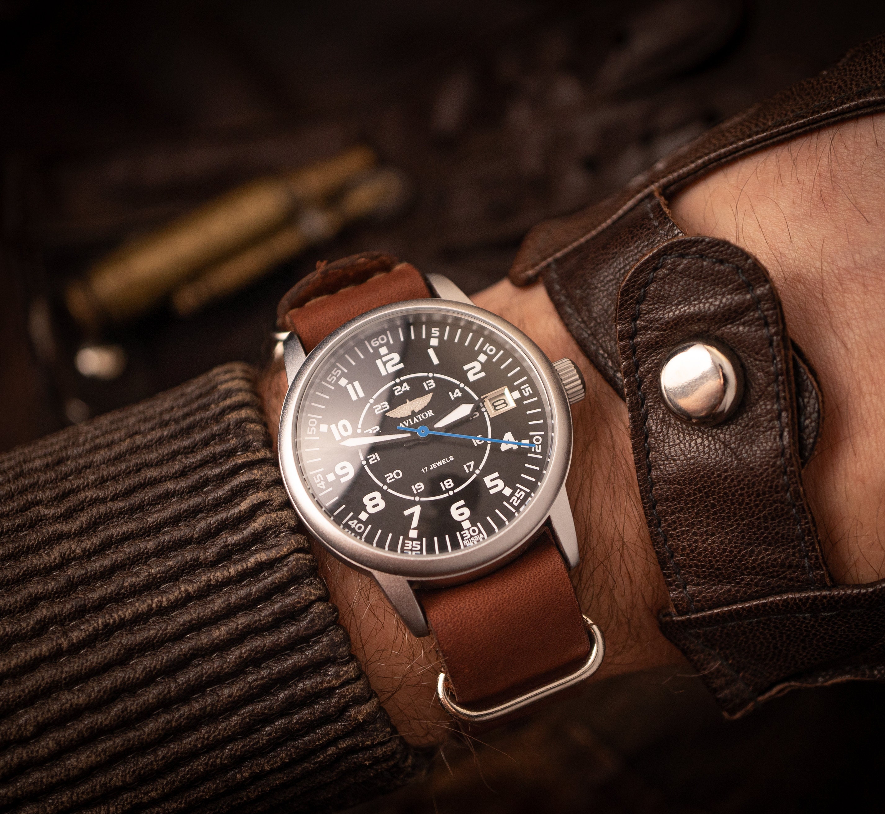 Vintage Aviator Watch, Black Dial Calendar, Handmade Italian Leather ...