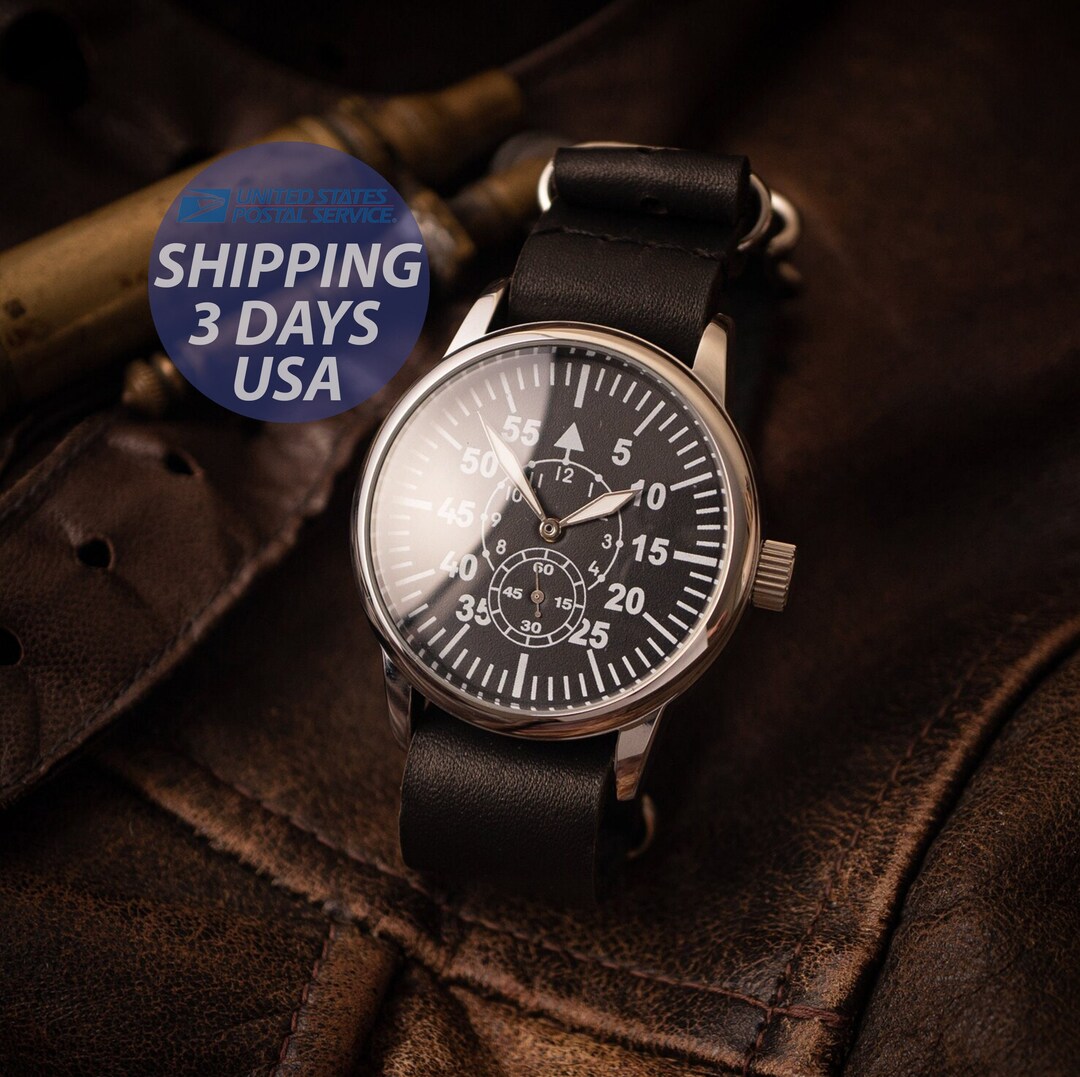 Vintage Aviator Watch, Black Dial, USSR, Handmade Leather Strap - Etsy