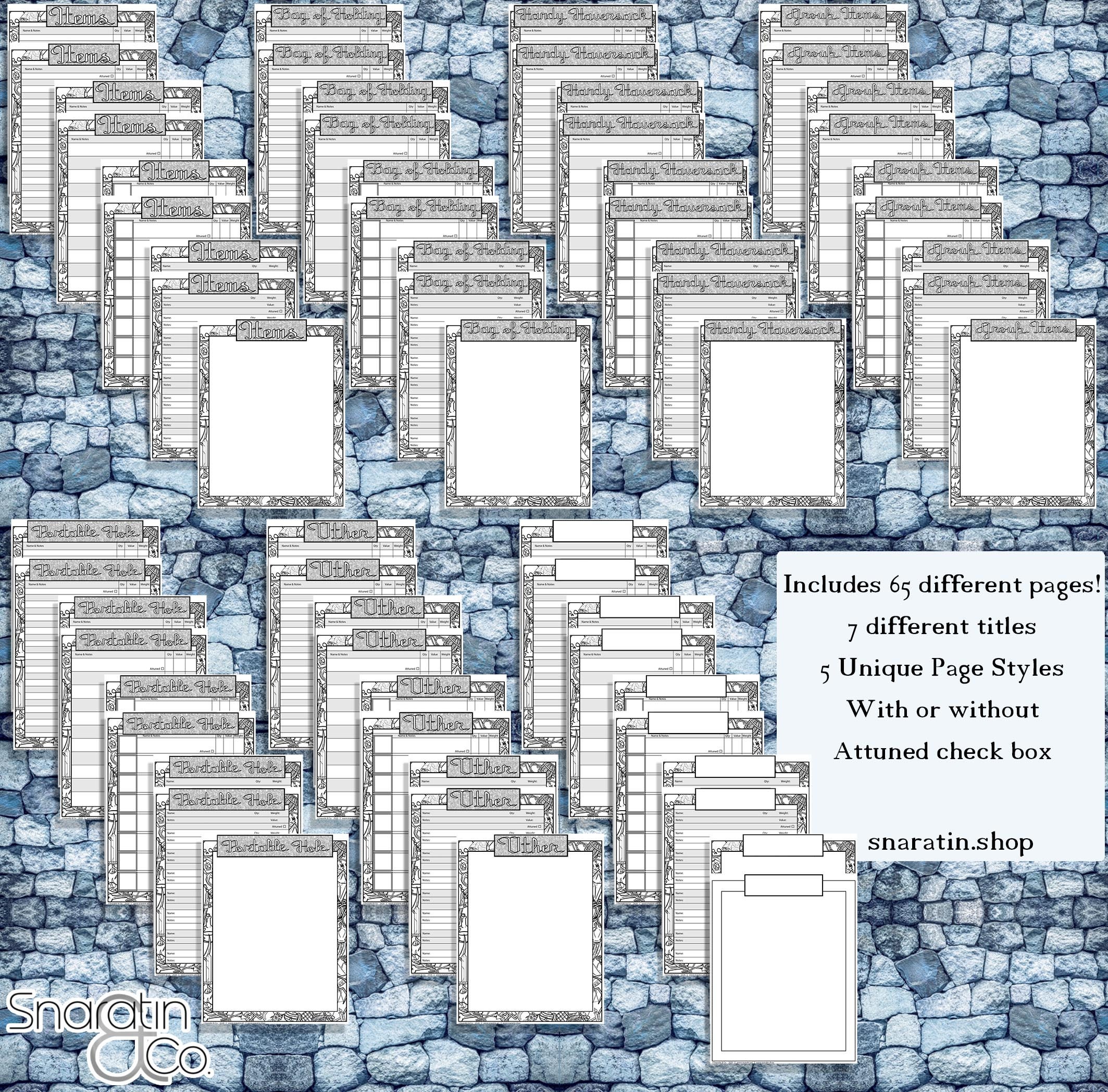 TTRPG Dnd Item Organization Sheets 64 Different Printables - Etsy
