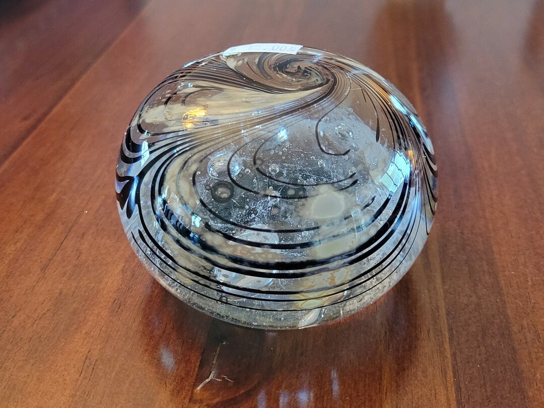Vintage Collectible Glass Art Black Swirl Paperweight Signed G Patrick ...