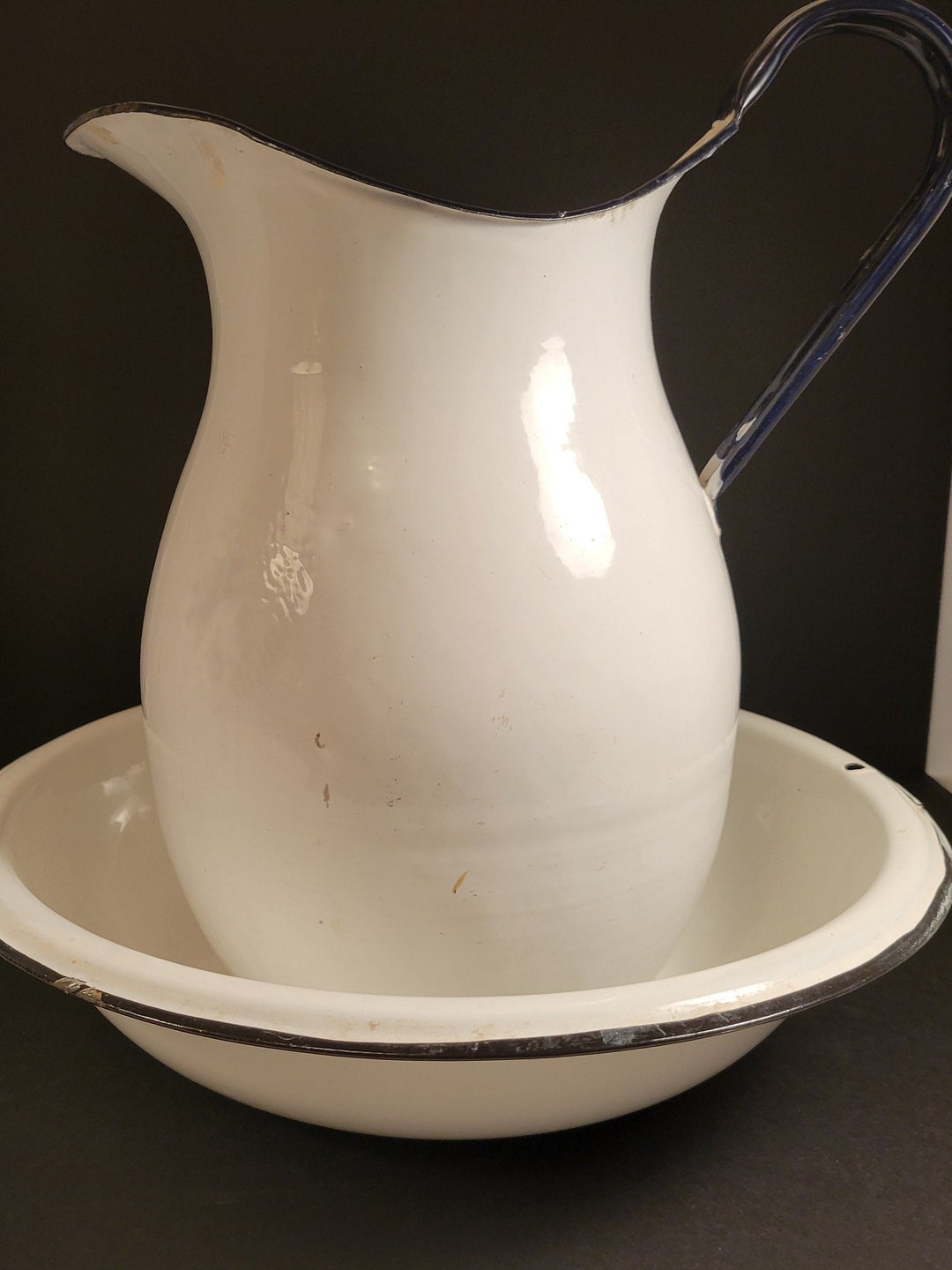 Antique Enamelware European Style Rustic Water Pitcher and Wash Basin ...