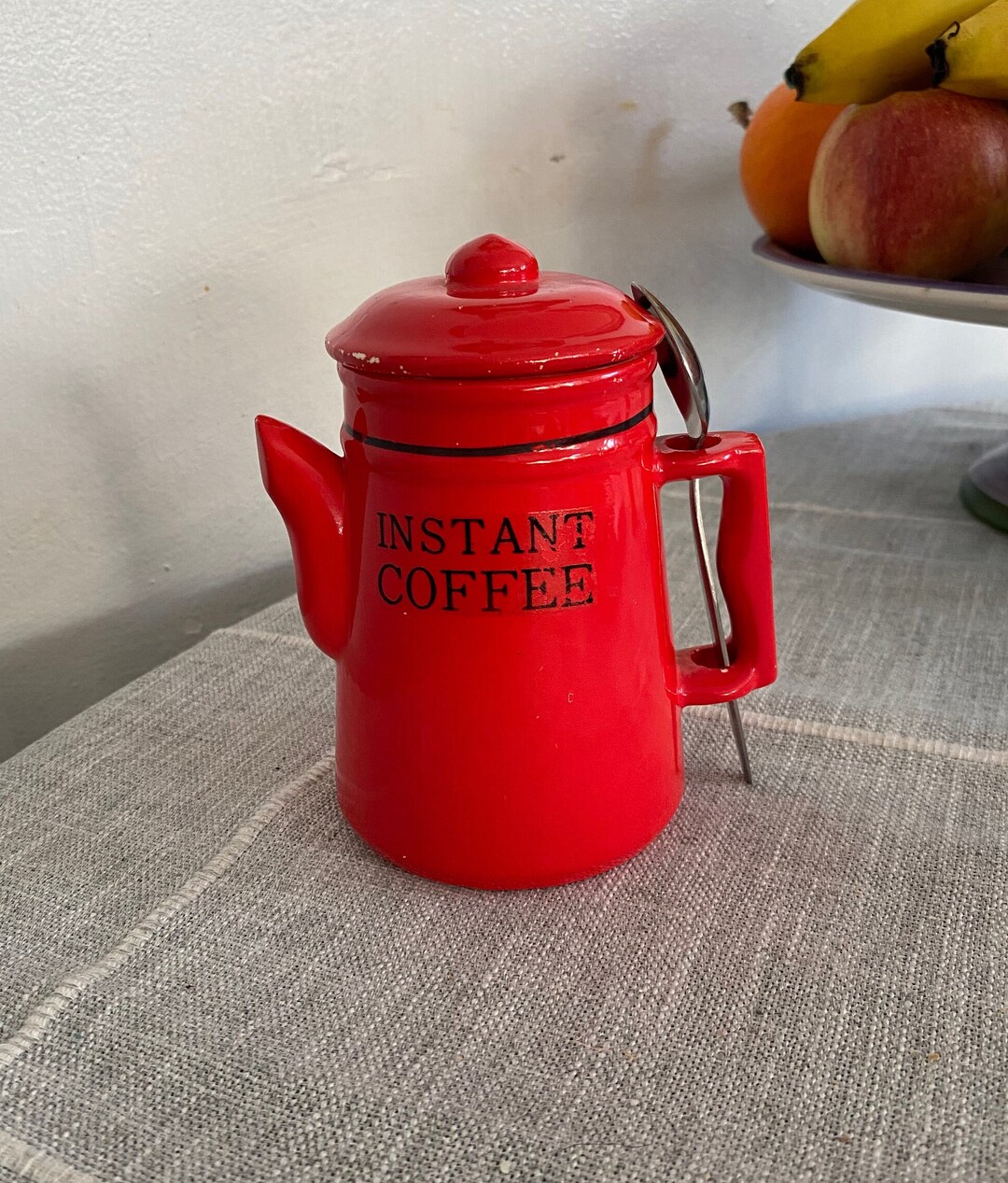 Vintage Red Coffee Pot Shape Storage Jar With Spoon 'instant Coffee ...