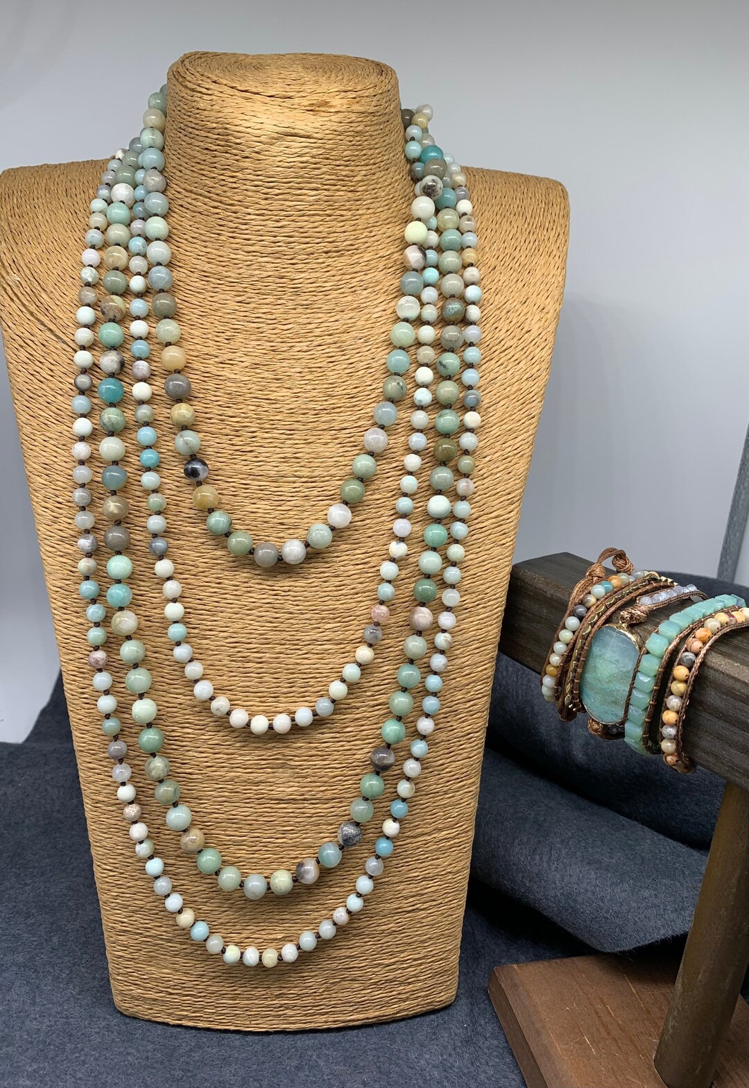 Fashion 29” 6mm Amazonite Long Knotted Stone Beads Necklace 25” 8mm ...