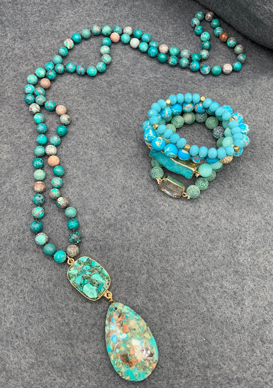 Gift Set 8mm Blue 18”knotted Stone Beads Necklace Stone Pendant Blue ...