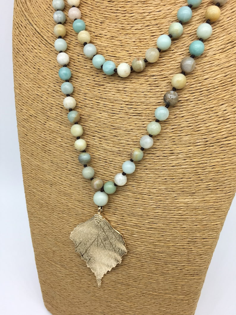 Amazonite Beads Necklace W Golden Leaf Pendant Woman Jewelry - Etsy