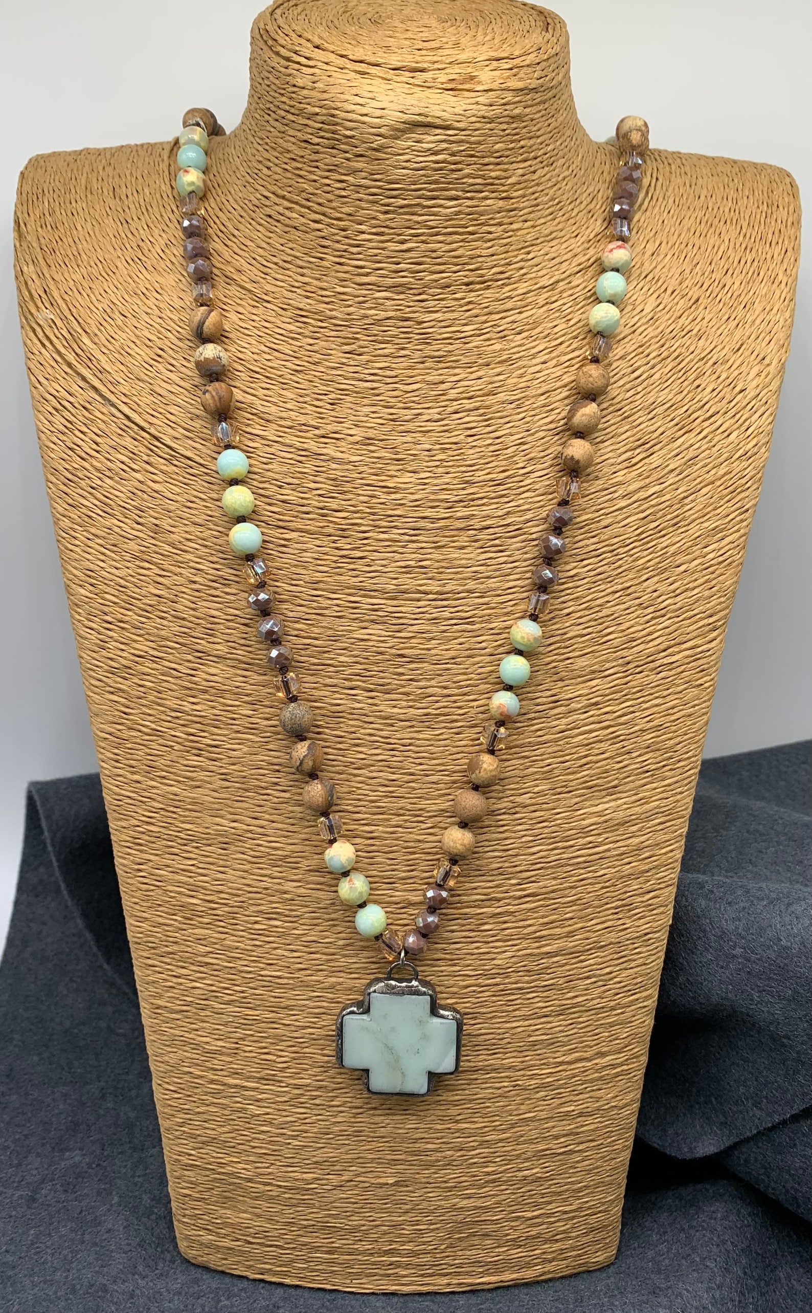 Boho Jasper Stone Beaded Necklace With Cross Pendant - 18 Inches - Etsy
