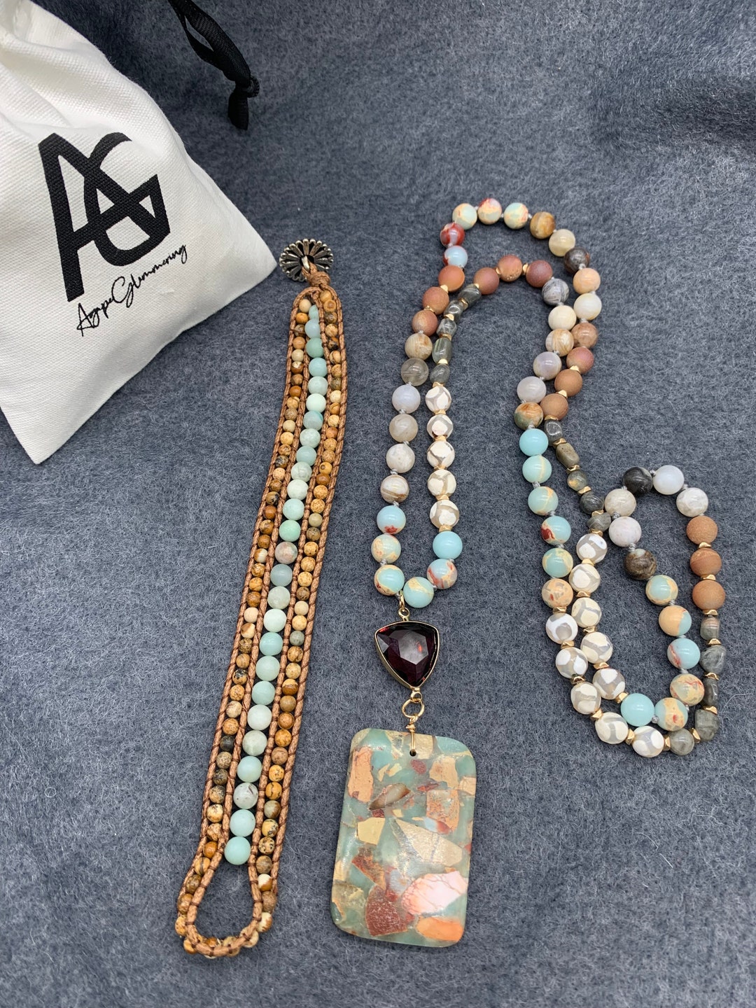 Bohemian Stone Bead Necklace & Bracelet Set - Amazonite Jasper Jewelry ...