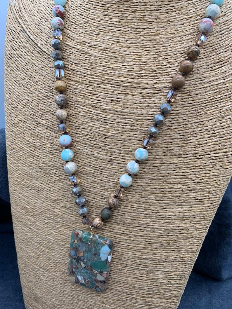 Boho Jasper Beaded Necklace With Rectangle Stone Pendant - Etsy