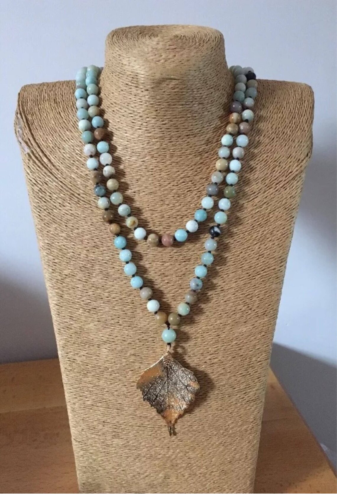Amazonite Beads Necklace W Golden Leaf Pendant Woman Jewelry - Etsy
