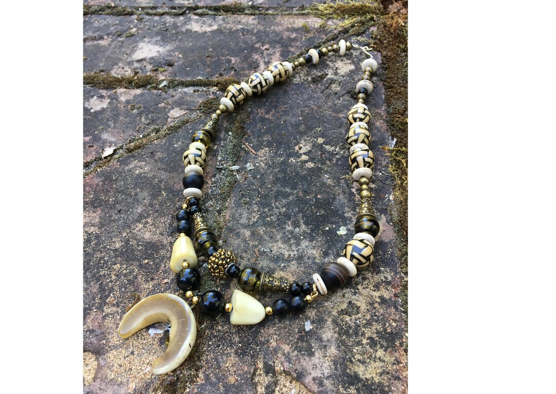 Original Necklace Designed W Brass, Shell, Bone, Silver, Glass Beads ...