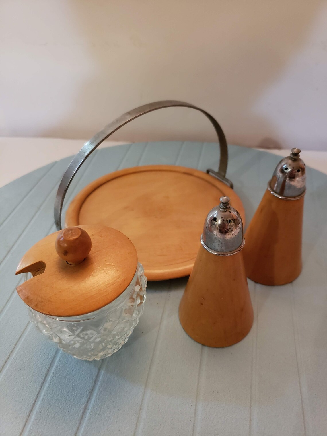 Vintage Wood Salt and Pepper Caddy, Shaker Set With Sugar Bowl and Lid ...