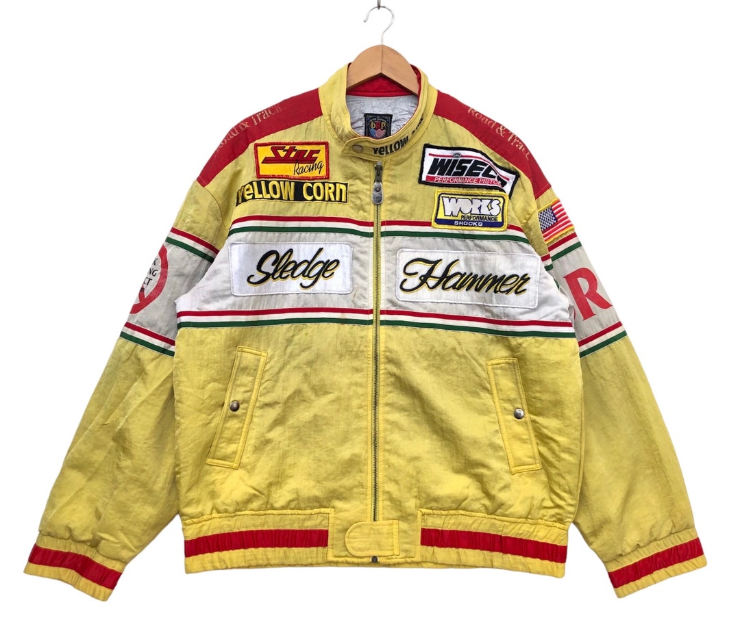 Vintage 90s Yellow Corn Embroidered NHRA Dragster Bikers Sledge Hammer ...