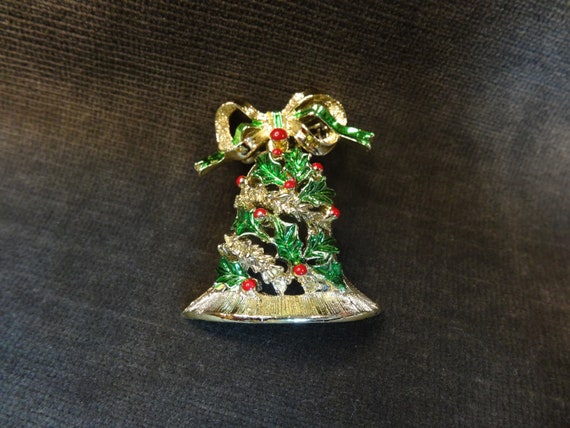 GERRY'S Vintage Christmas Swinging Bell Pin ~ Enamel … - Gem