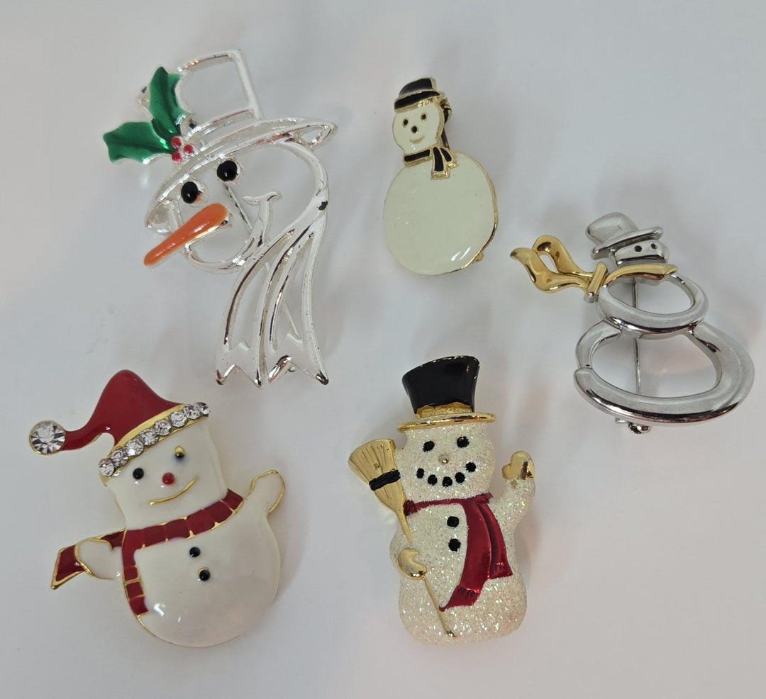 Vintage Enamel Snowman Brooches: Mixed Metal Holiday Pins - Etsy