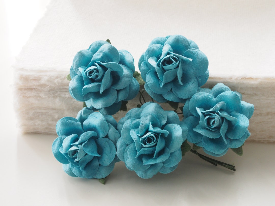 5 Pcs Cerulean Blue Roses Mulberry Paper Artificial Flowers 35 Mm ...