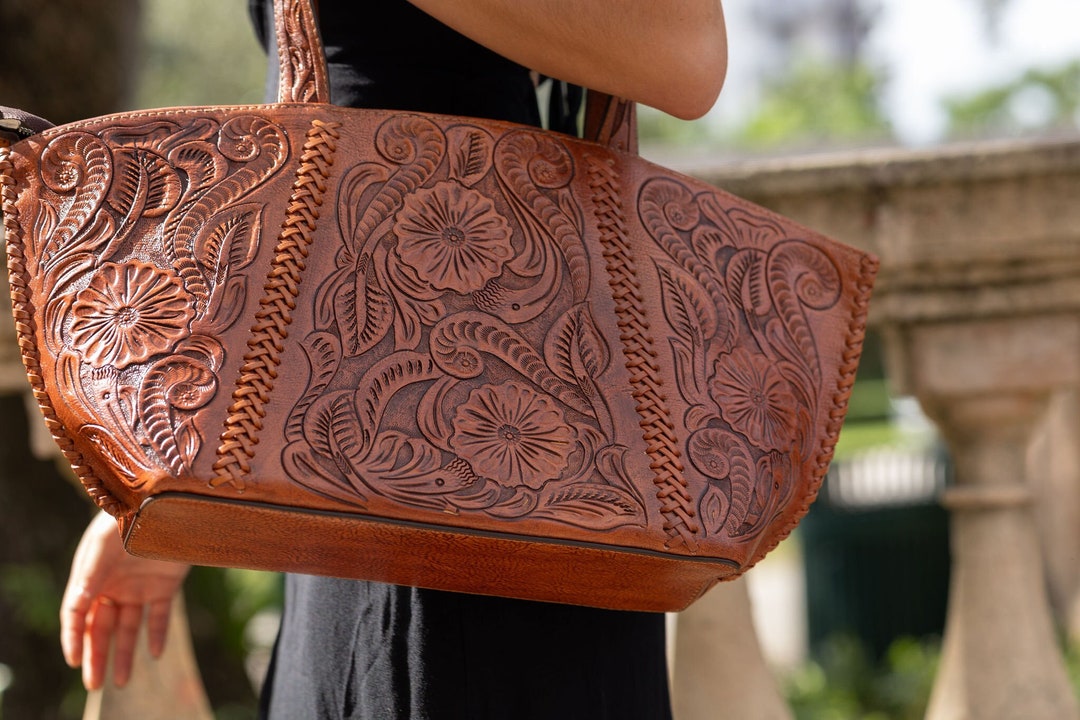Leather Tote Handbag Hand Tooled Leather Design Shoulder Bag Purse - Etsy