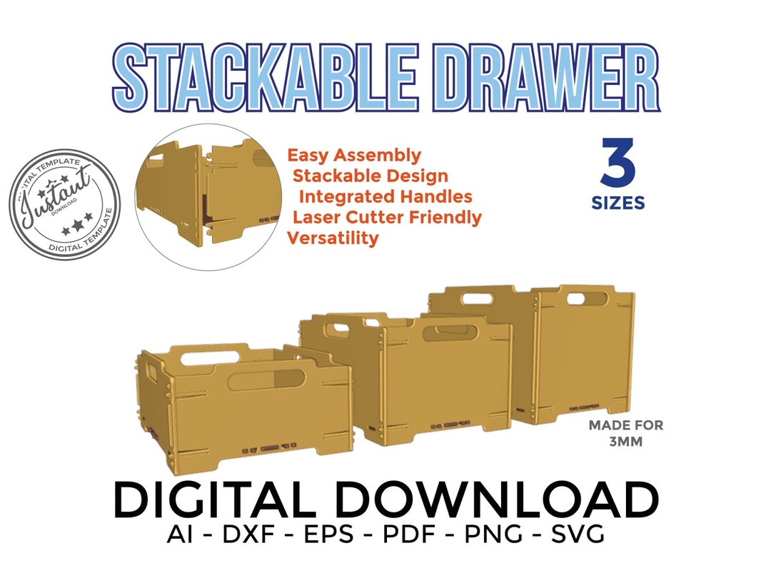 Stackable Wooden Drawer Set for Laser Cutting | 3mm Material CNC Design ...