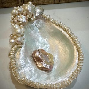 Jewelry Dish Made From Pearly White Oyster Shell Covered in Freshwater ...