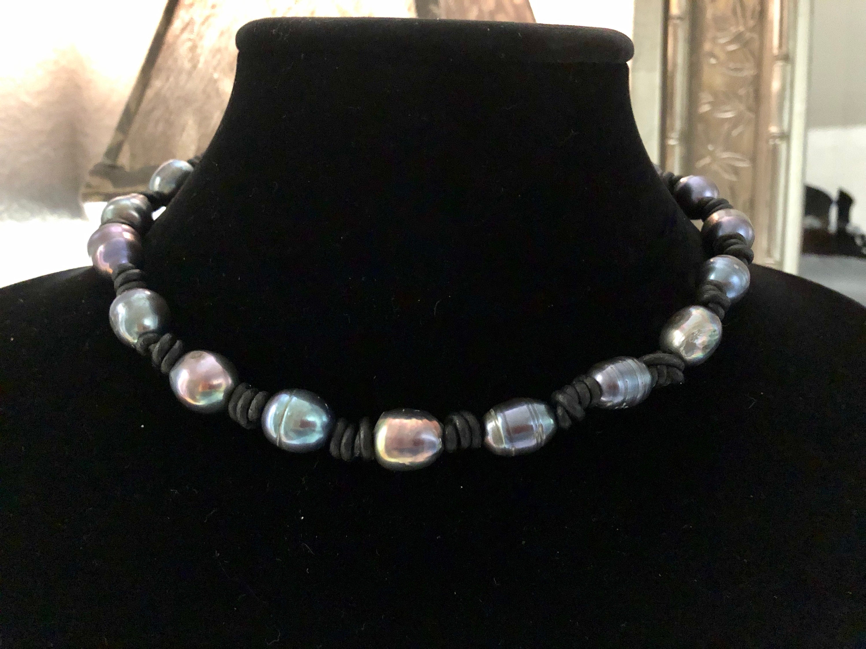 Beautiful Blue Iridescent Pearl and Leather Knotted Necklace | Etsy