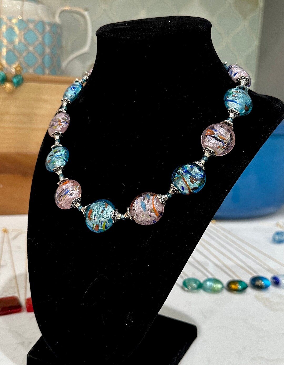 Rosario Leonardi Hand-blown Murano Glass Necklace in Pink and Blue - Etsy