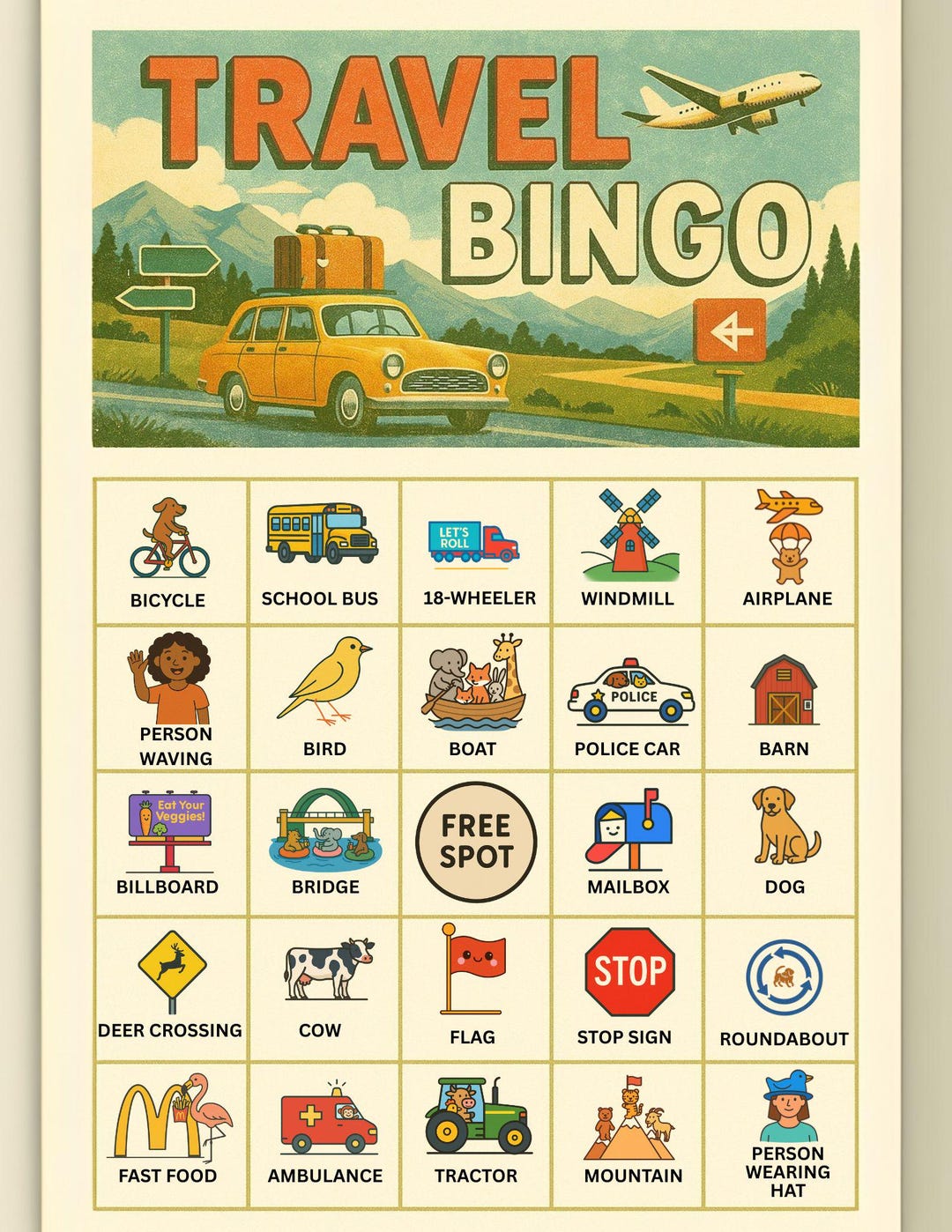 Printable Travel Bingo Game for Kids: Road Trip Activity (canva ...