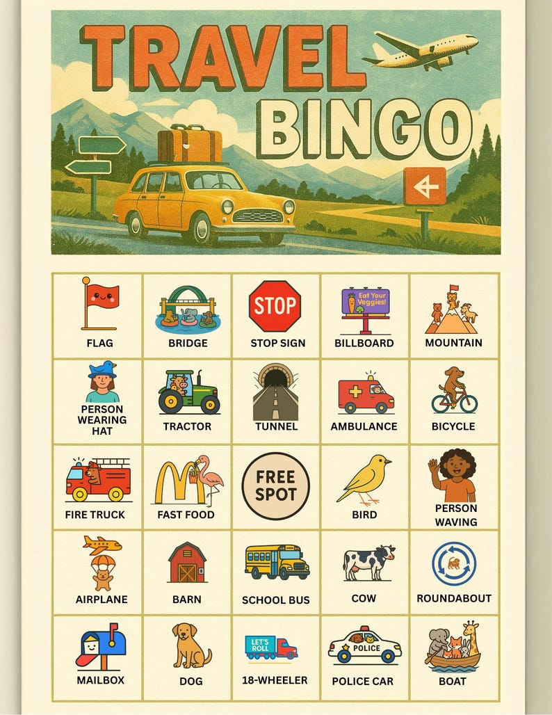 Printable Travel Bingo Game for Kids: Road Trip Activity (canva ...