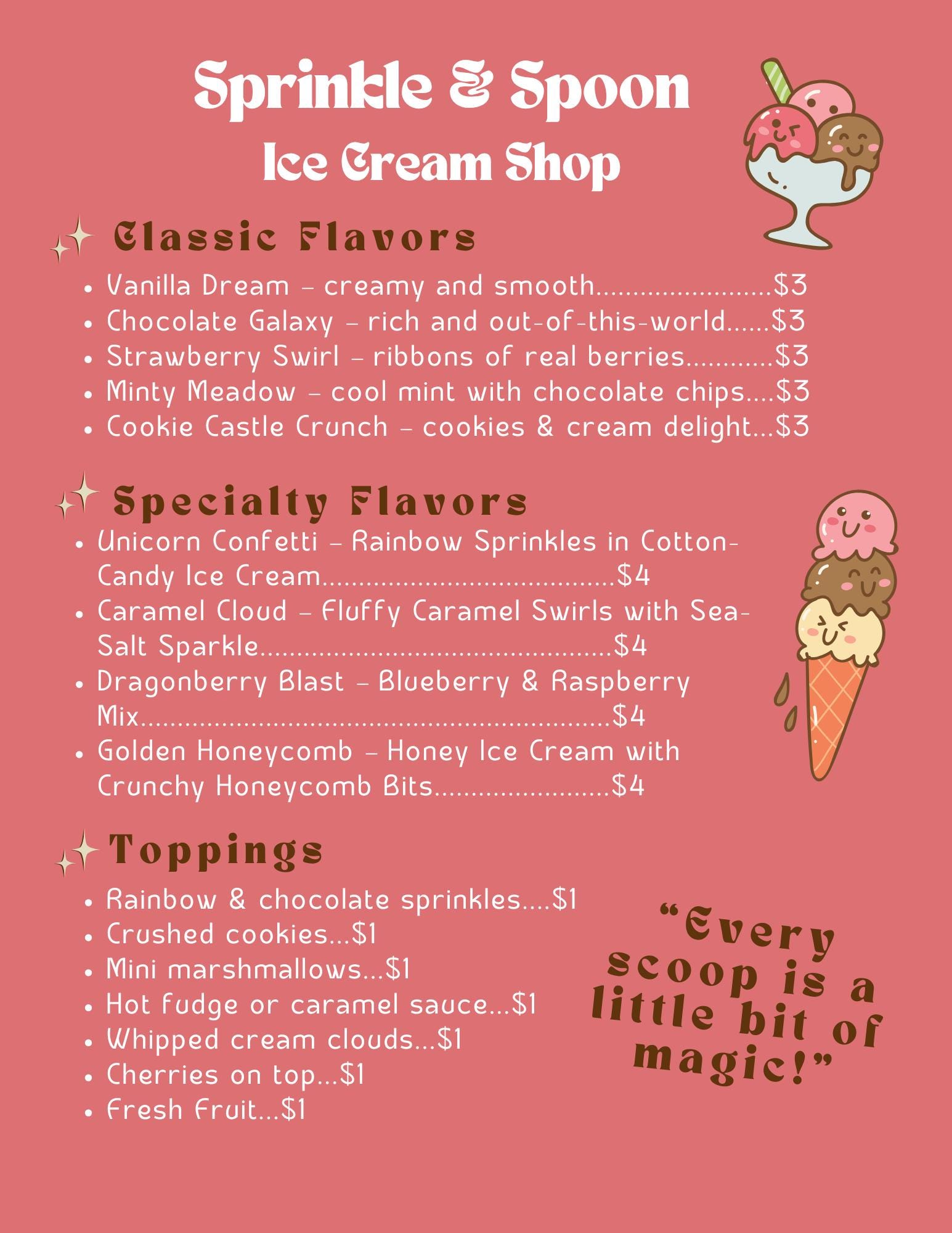 Ice Cream Shop Printable Menu Set: Kids Pretend Play (PDF Download) - Etsy