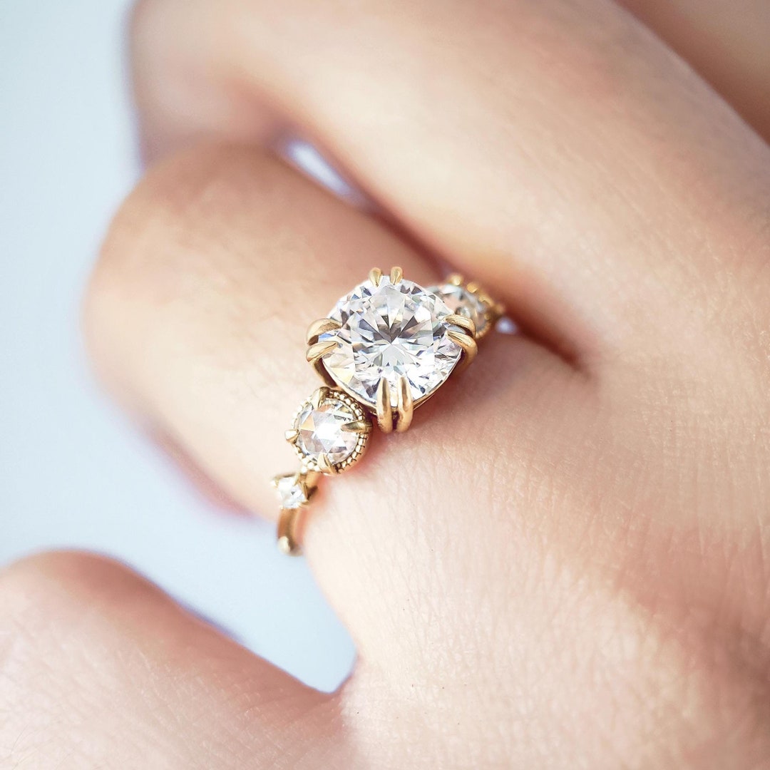 Celine Three Stone Cushion Cut Moissanite Diamond Ring, Rose Cut Accent ...