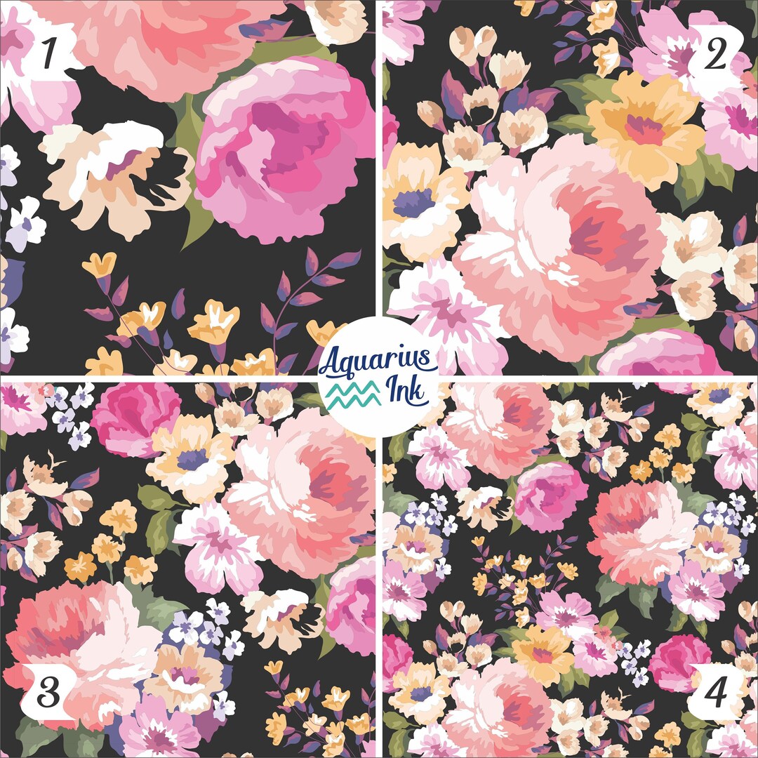 Cottage Rose Heat Transfer Vinyl, Floral Pattern on Black Vinyl Sheets ...