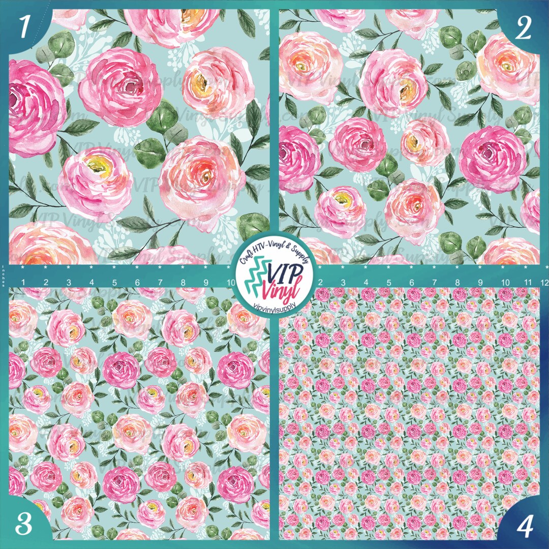 Watercolor Floral HTV Vinyl, Flower Pattern on Mint Vinyl Sheets, Heat ...