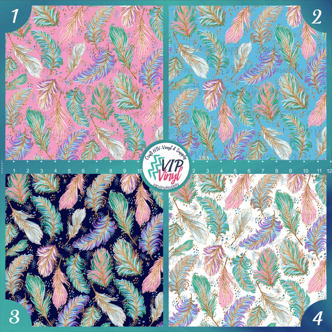 Boho Feathers Printed Craft Vinyl Sheet, Heat Transfer Vinyl, Adhesive Vinyl, Floral HTV, Flower ...