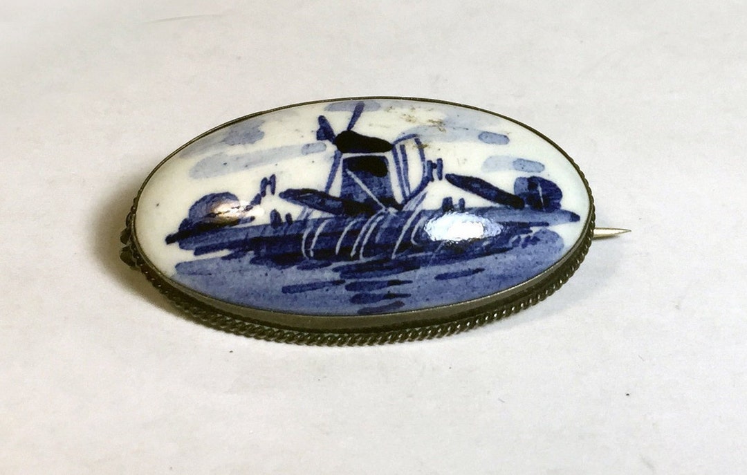 Antique Delft Porcelain Ship Brooch From Holland - Collectible ...