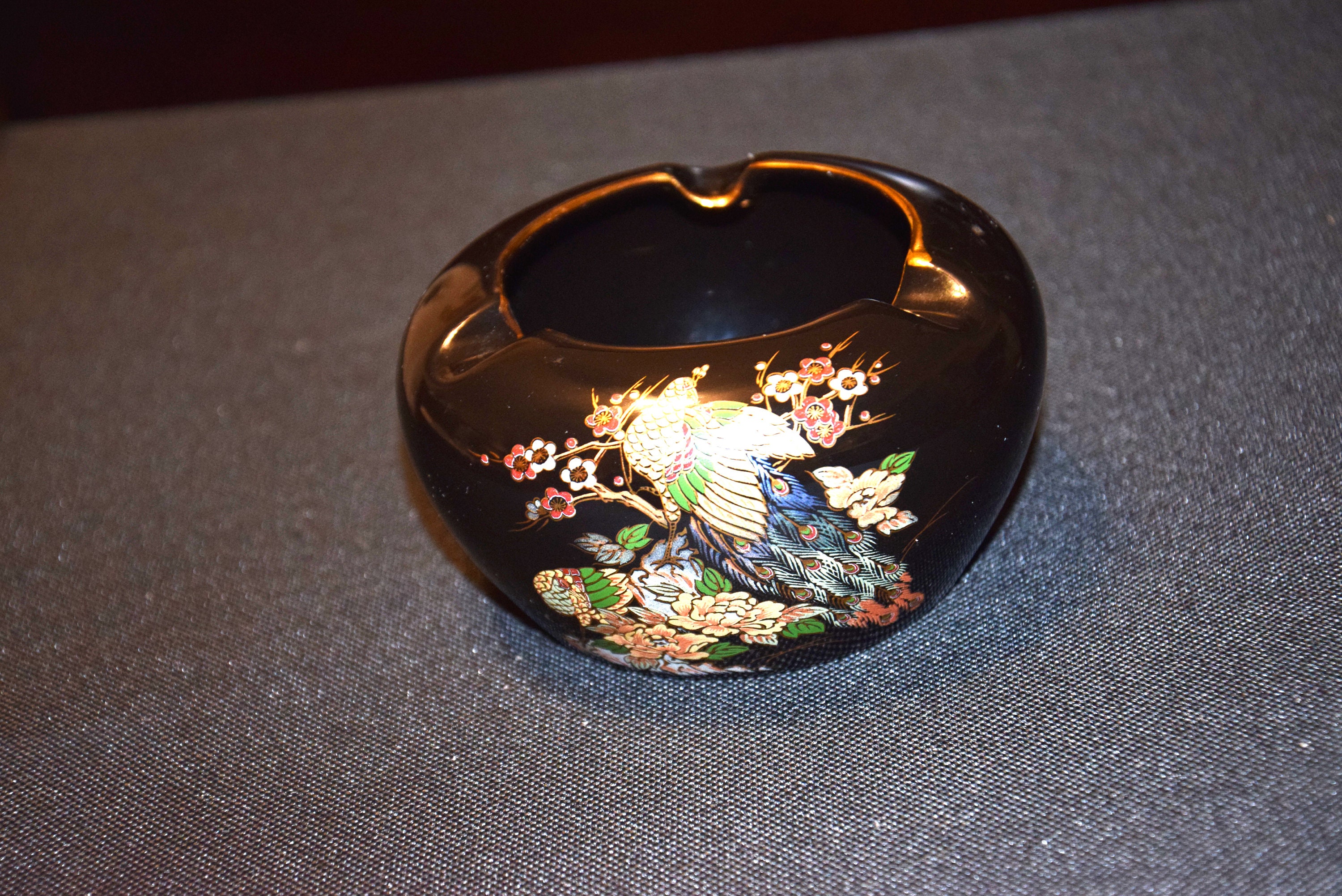 Vintage Japanese Ashtray Peacock Bowl Black Lacquered - Etsy