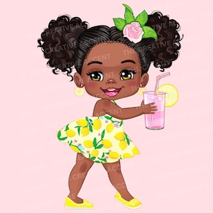 Pink Lemonade Baby Girl Clipart, 5 PNG, Little Black Girl in Lemon ...