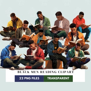 Black Men Reading Clipart, 22 PNG Bundle, Smart, College Male With a ...