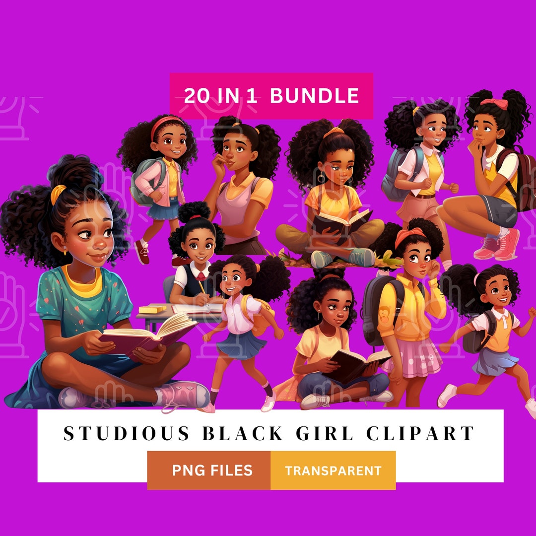 Smart Black Girl Clipart, Study Girls 20 PNG Bundle, Reading, Book Bag ...