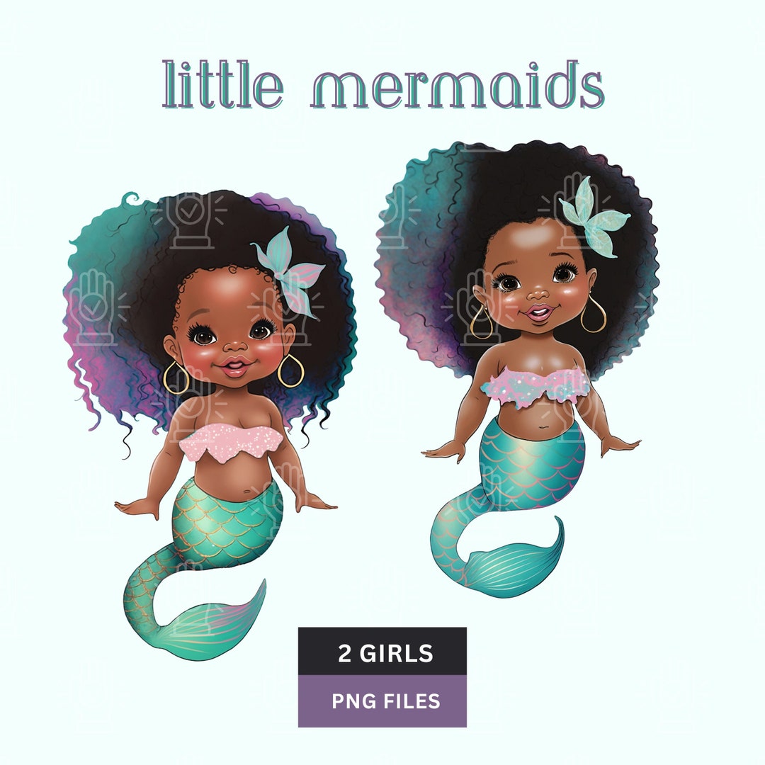 Black Girl Mermaid Clip Art, Little Afro Girls PNG, Ocean Babies, Kids ...