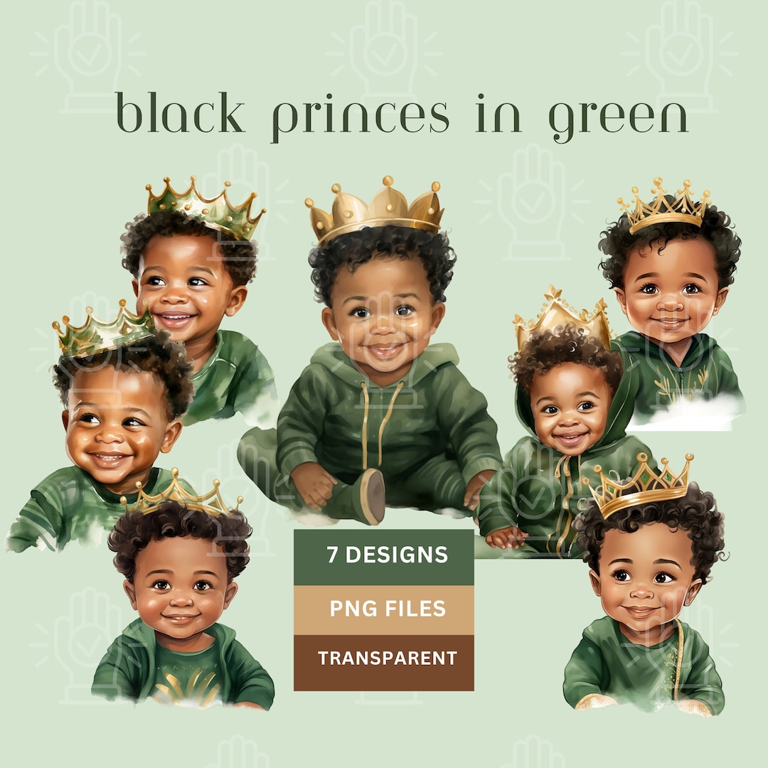 Black Baby Prince in Green Clipart, Brown Boy Kid With Gold Crown, Afro ...