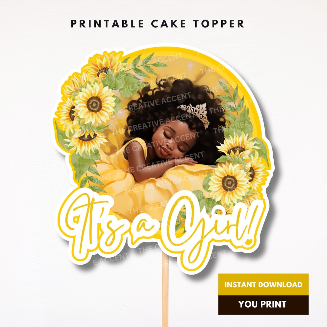 Printable Sunflower Baby Shower Cake Topper for Black It's A Girl ...