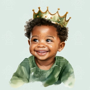 Black Baby Prince in Green Clipart, Brown Boy Kid With Gold Crown, Afro ...