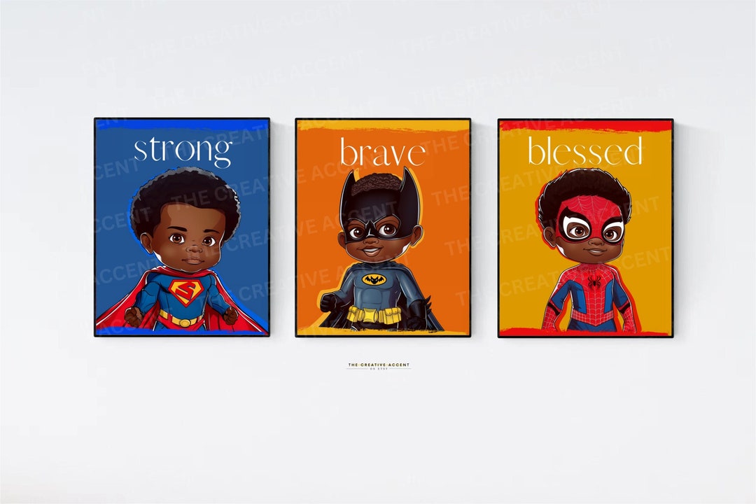 Black Boy Superhero, 3 Set Wall Art, Kid Baby Print, Toddler Child Room ...