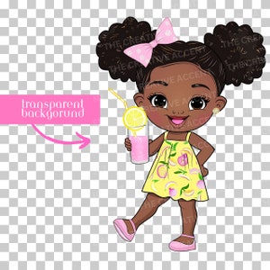 Pink Lemonade Baby Girl Clipart, 5 PNG, Little Black Girl in Lemon ...