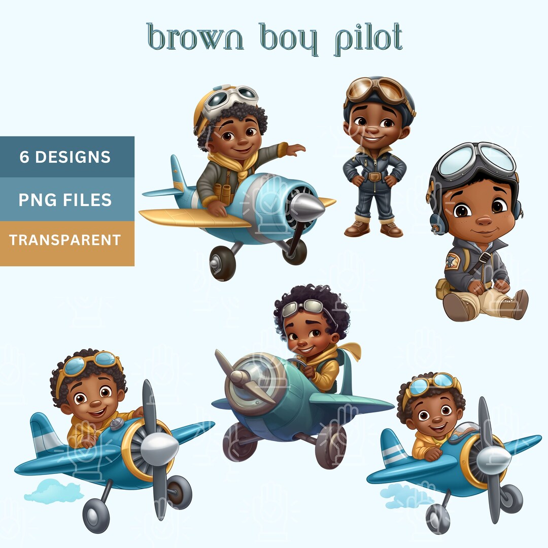 Black Boy Pilot Clip Art, Baby Shower, Birthday Theme Decor, Brown Baby ...