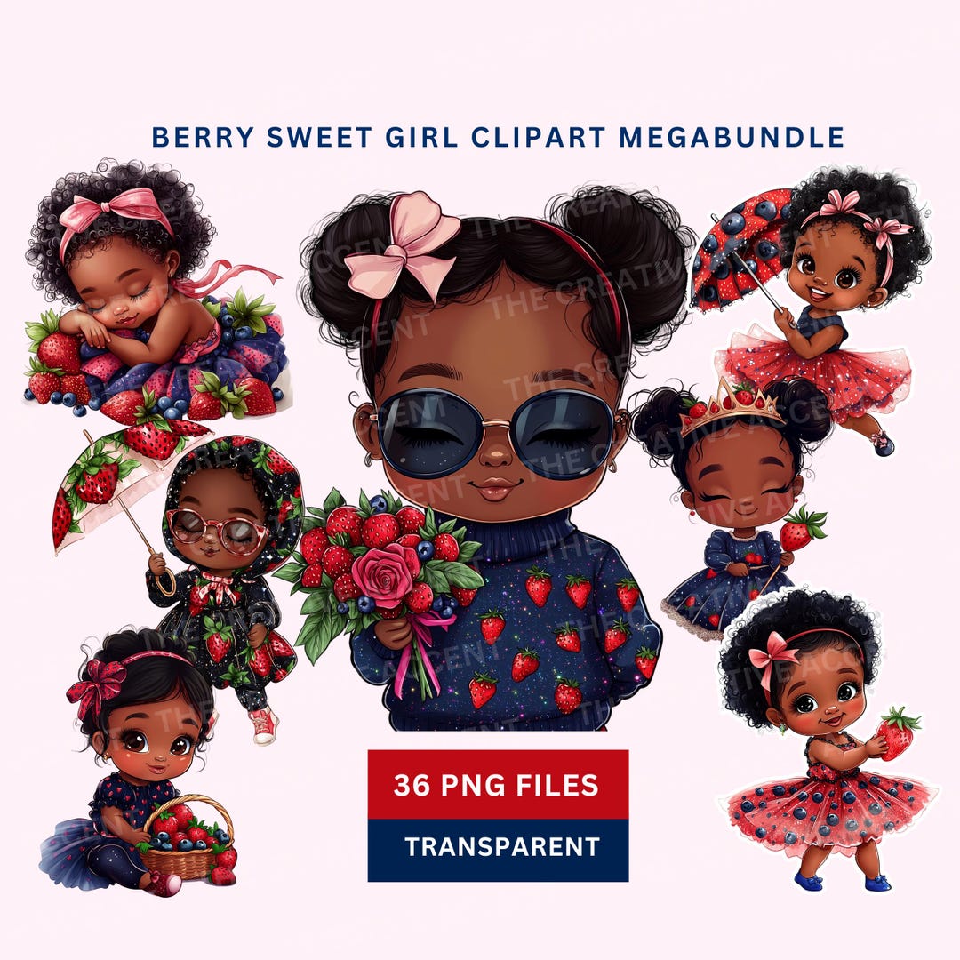 Berry Sweet Black Baby Clipart, 36 PNG Bundle, Little Strawberry Girl ...