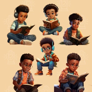 Black Boy Reading Clipart, 37 PNG Bundle, Afro, Children's Book ...