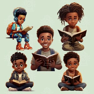 Black Boy Reading Clipart, 37 PNG Bundle, Afro, Children's Book ...