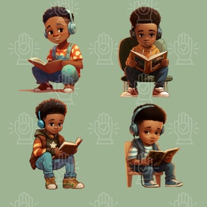 Black Boy Reading Clipart, 37 PNG Bundle, Afro, Children's Book ...