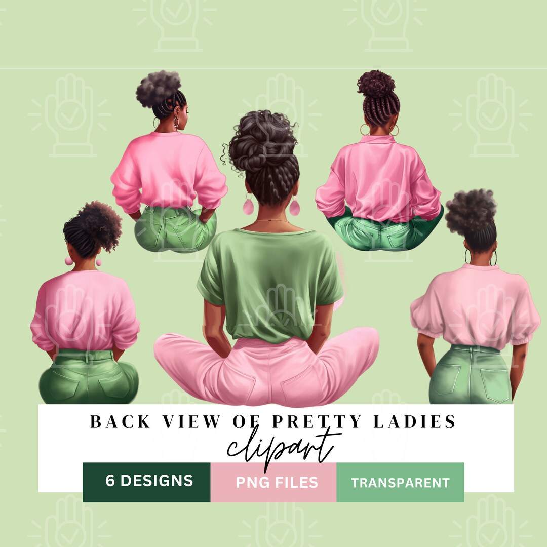 Back View of Women Sitting Clipart, Pink and Green PNG, Pretty Black ...