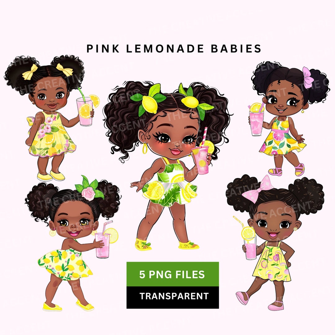Pink Lemonade Baby Girl Clipart, 5 PNG, Little Black Girl in Lemon ...