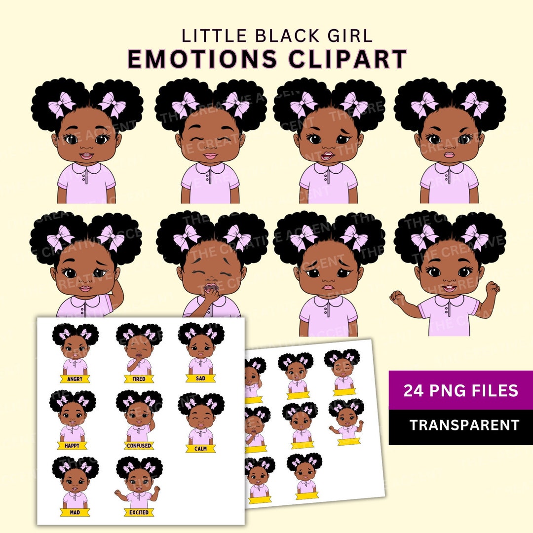 Black Girl Emotions Clipart, 24 PNG, African-american Kids Different ...